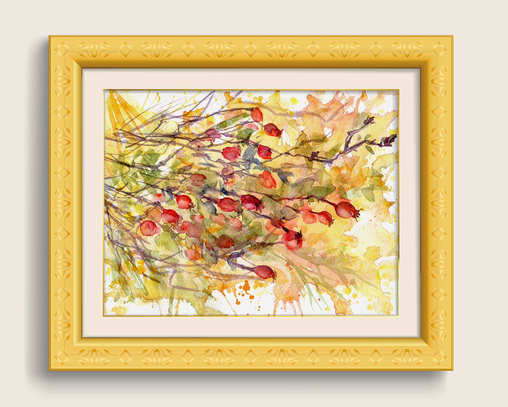 Abstract Red Berries Watercolor Painting Rosehip Berry Artwork Original ...