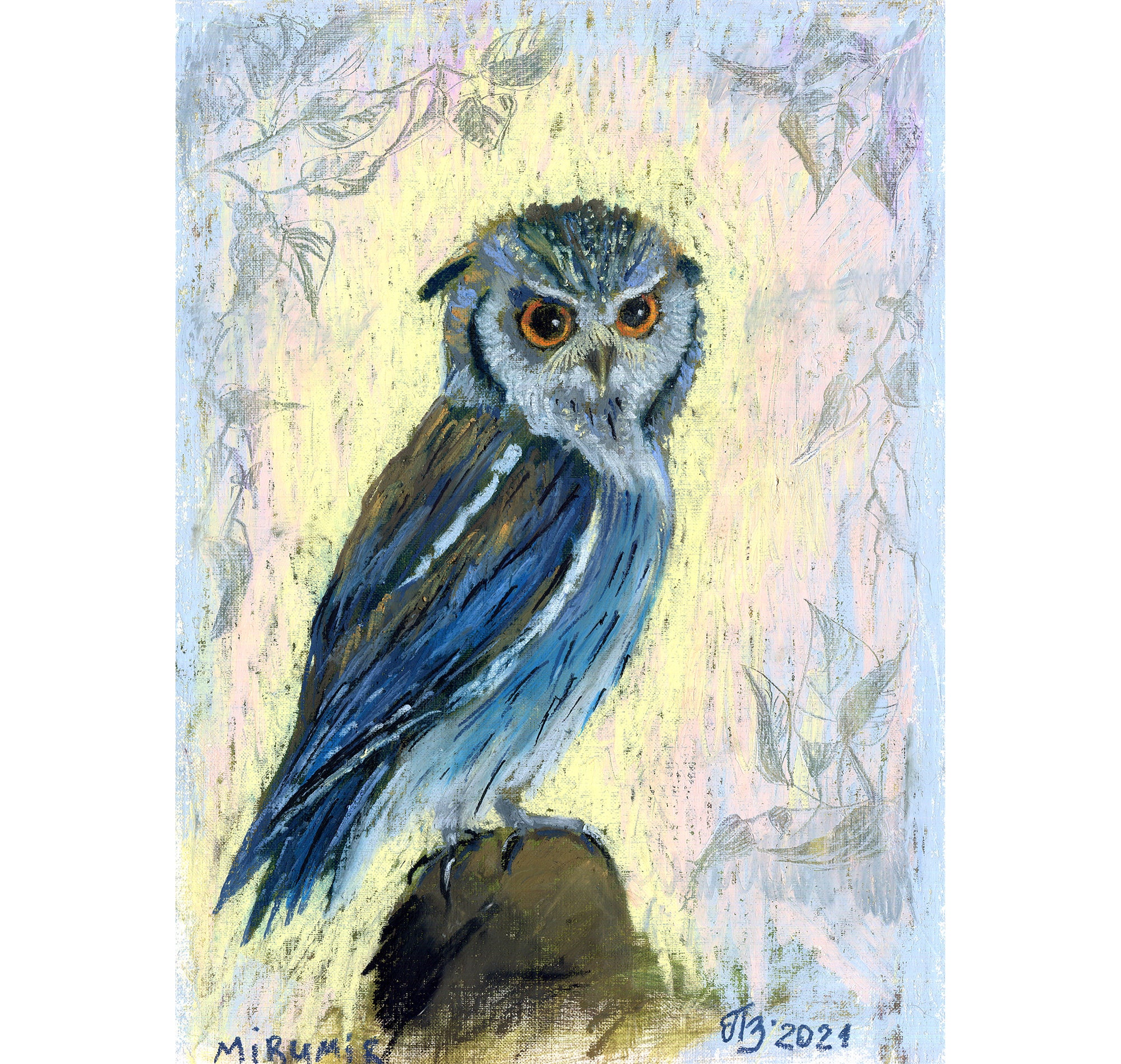 Owl Painting, Original Oil Pastel Art, Bird Painting, Owl Wall Art, Oil ...