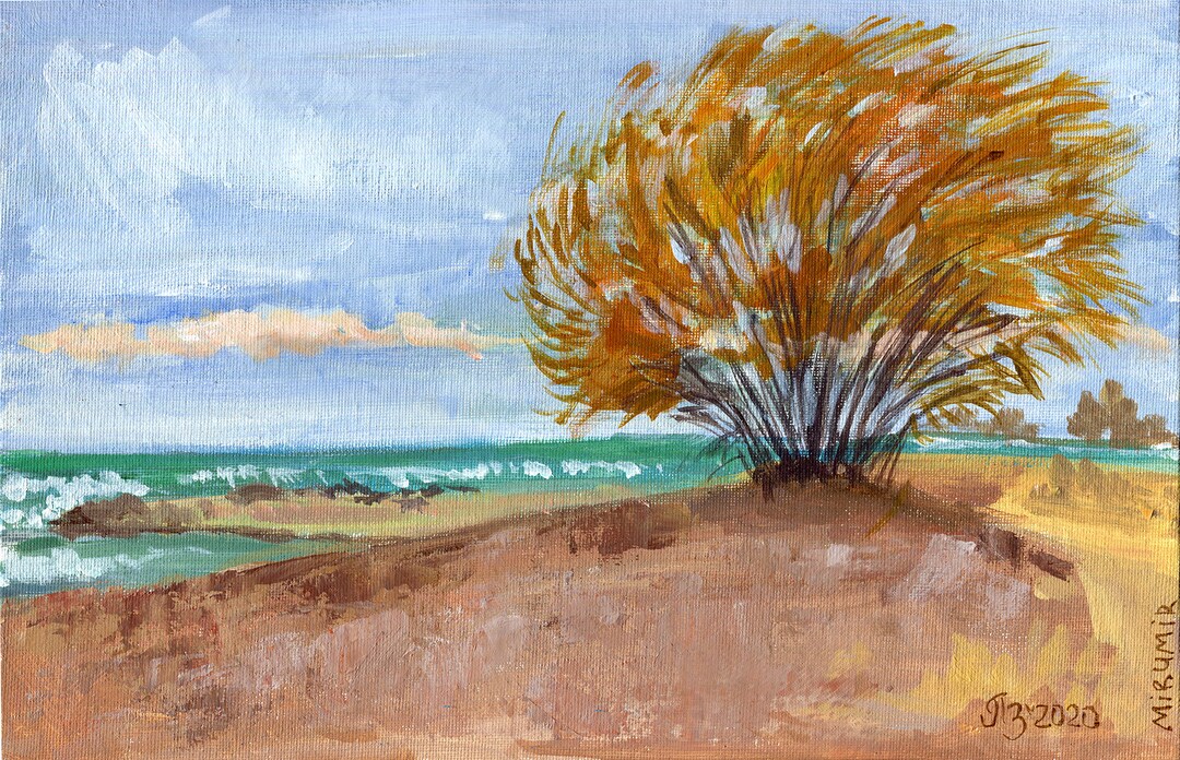 Landscape Acrylic Painting Tree Art, Tree on the Shore Artwork Wind on ...