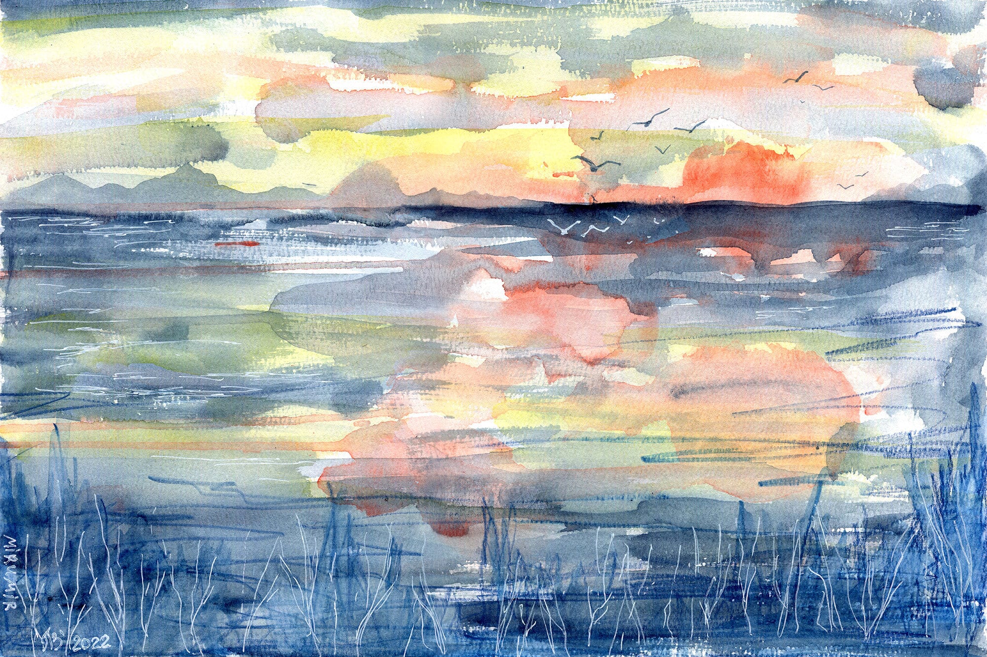 Abstract Watercolor Landscape | Watercolor Sunset Lake Artwork - Etsy