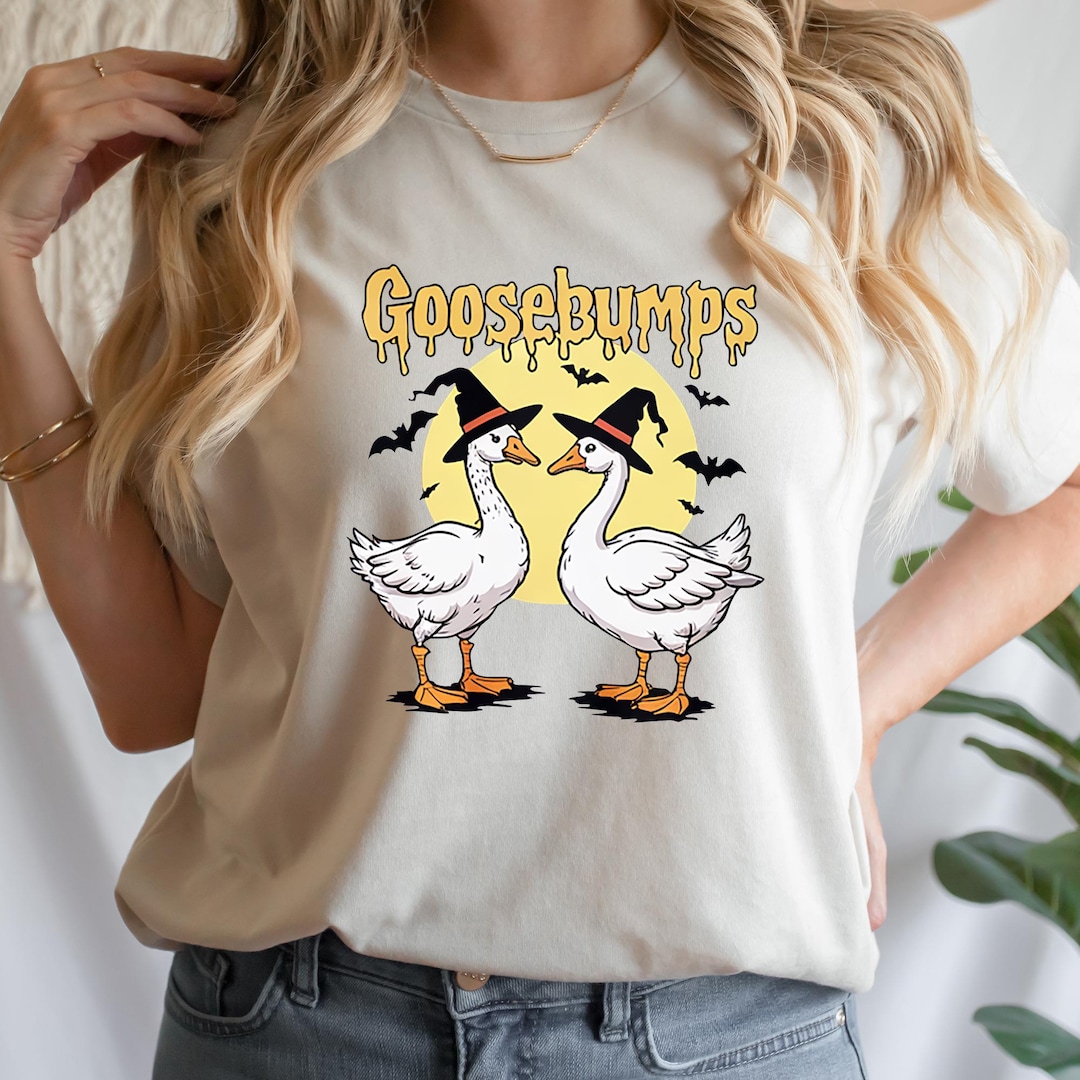 Goosebumps Halloween Shirt, Cute Witch Geese in Spooky Moon Scene Tee ...