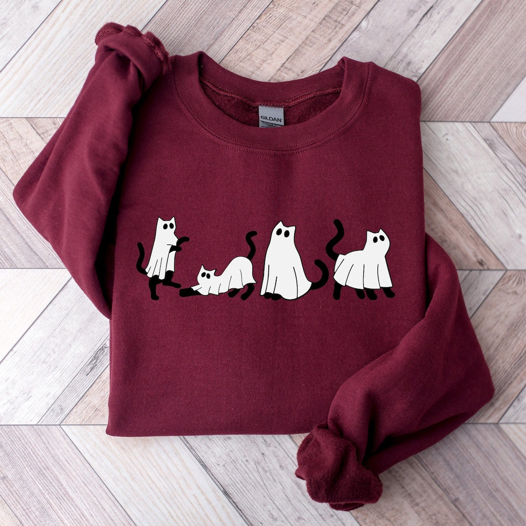 Halloween Cat Sweatshirt, Ghost Cat Sweatshirt, Spooky Cat Sweatshirt ...