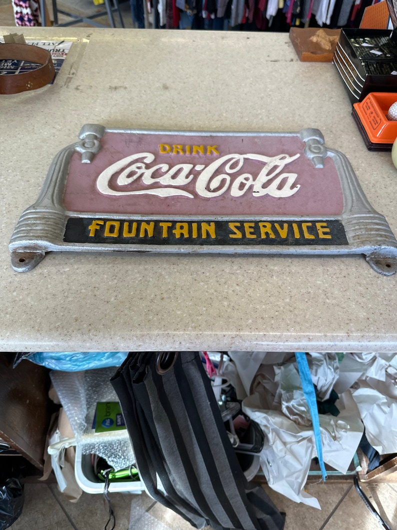 Vintage Coca Cola Bench Sign Plaque drink Fountain Service Ad Heavy ...