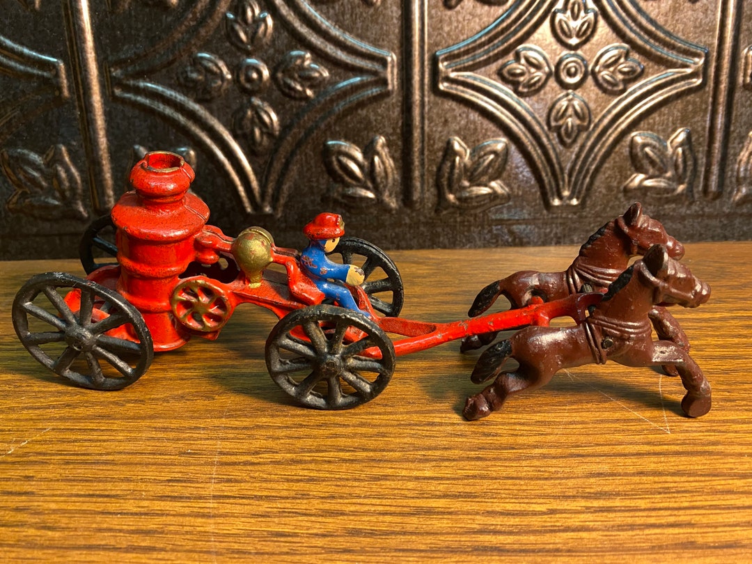 Cast Iron Antique Toy Rescue Firetruck Set Horse Drawn Carriage ...