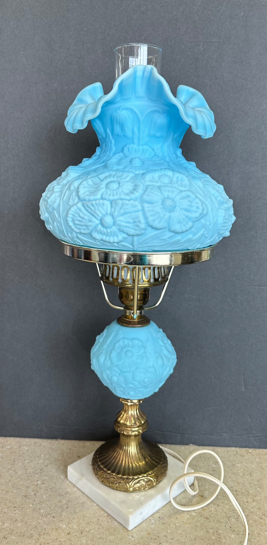 Vintage Fenton Blue Poppy Hurricane Lamp Gone With the Wind W/ - Etsy