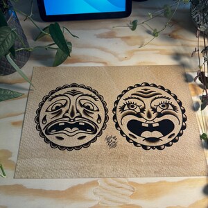 Tattoo Print - Traditional Happy/sad Faces Artwork, Vintage Style Dual ...