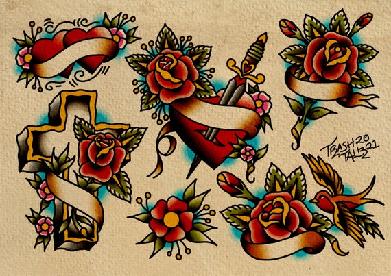 Traditional Rose And Banner Tattoos