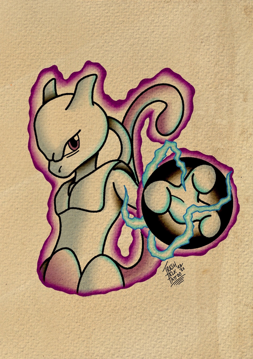 Mewtwo Tattoo Style Print. - Etsy