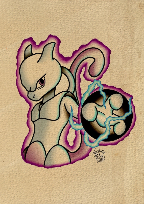Mewtwo Tattoo Style Print. | Etsy
