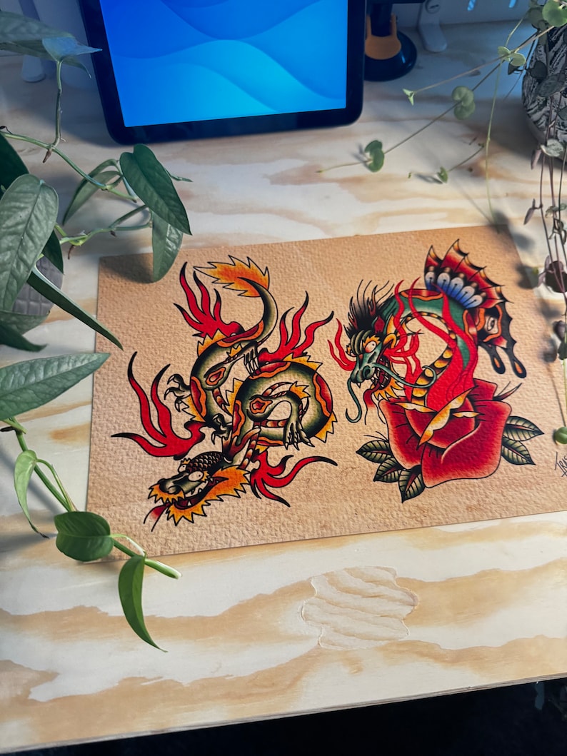 Dragon Tattoo Flash Print, Hand Painted A4 Art - Etsy UK