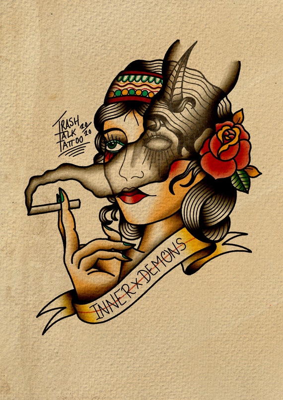 Inner Demons Traditional Tattoo Style Print. | Etsy