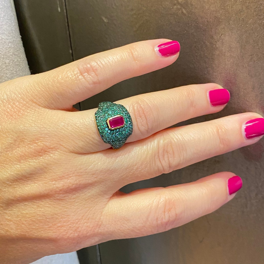 Emeralds & One Ruby 18k Yellow Gold Customised Grand Ring. Anniversary ...