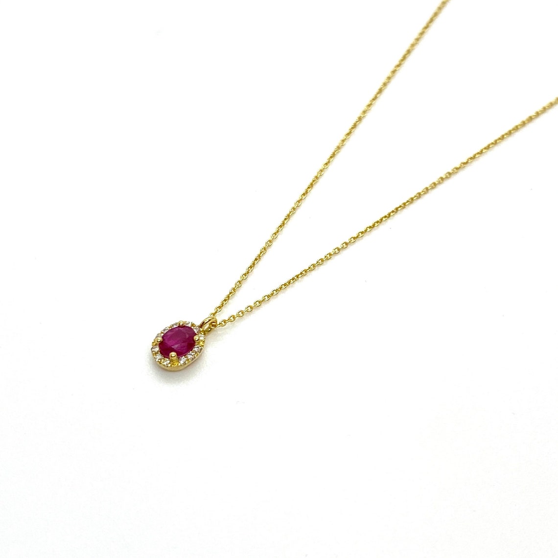 Oval-shaped Ruby & White Diamonds 18k Solid Gold Pendant on a 18k Gold ...