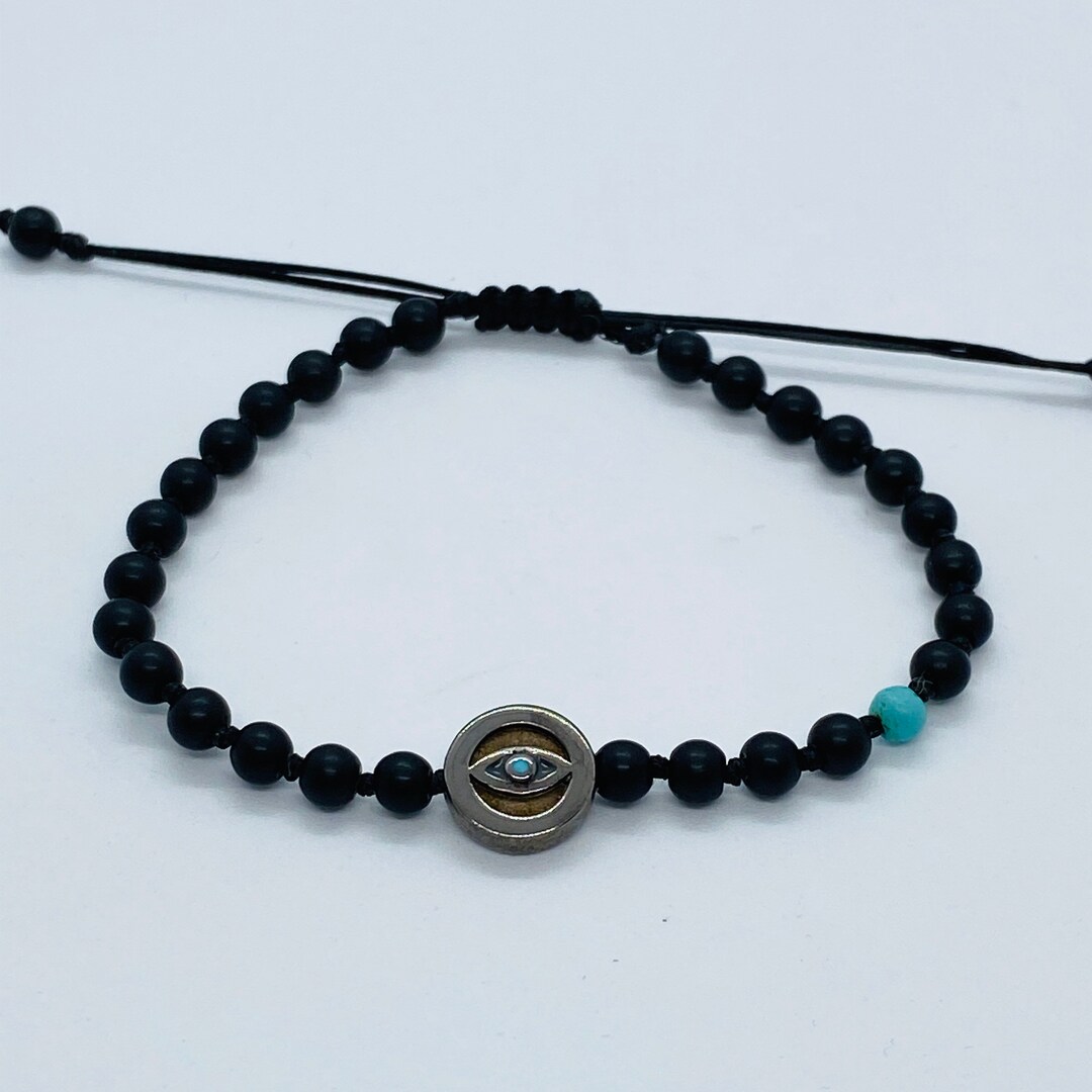 Black Onyx Mineral Beads, a Double-sided Silver Pendant With a Cross ...