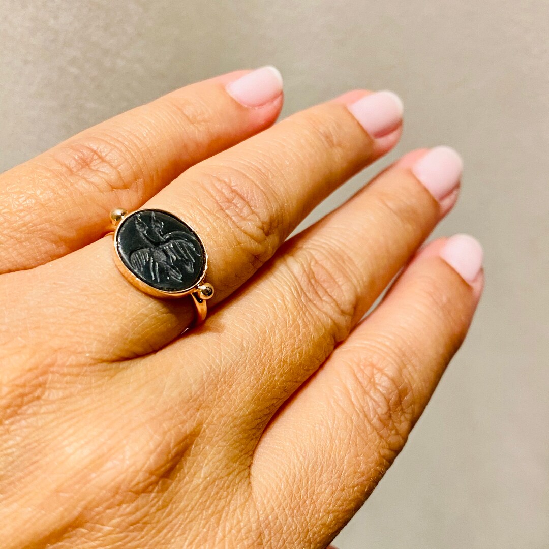 Carved Obsidian Engraved With Flying Geese Tied on a 14k Rose Gold Ring ...