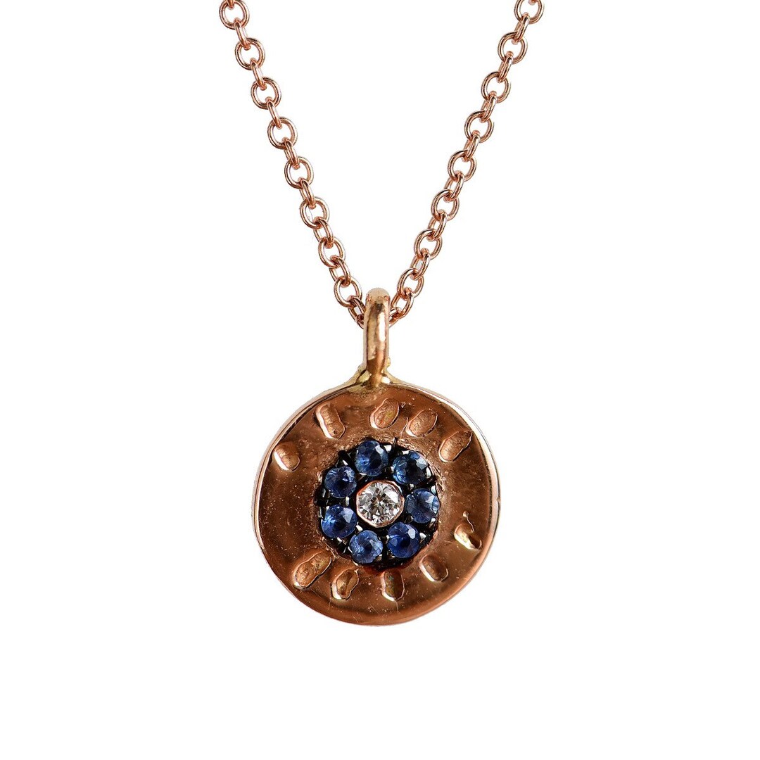 Solid Gold Round Pendant With Natural Sapphires & One Diamond, Tied to ...