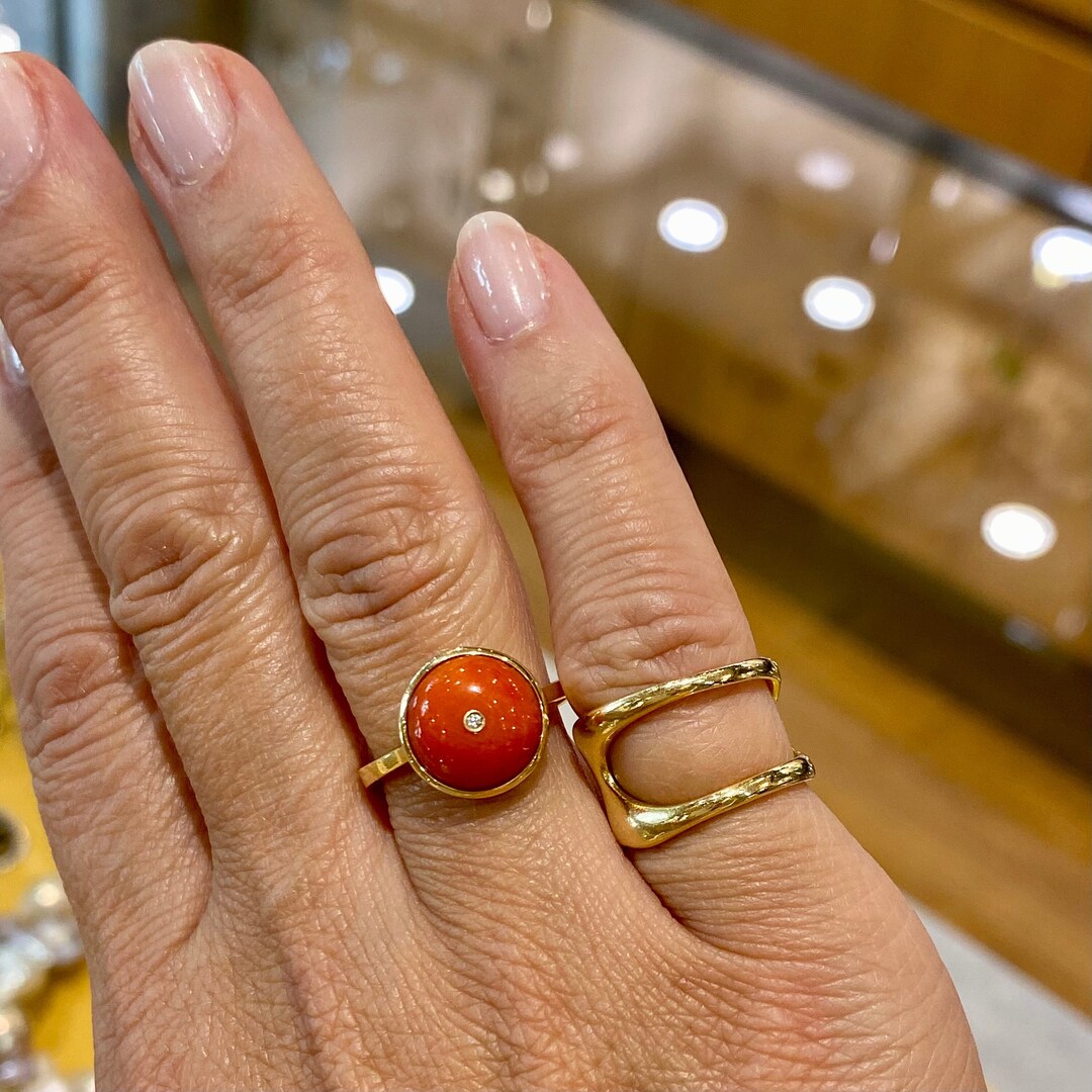 Mediterranean Natural Red Coral & One White Diamond on a 18k Yellow ...