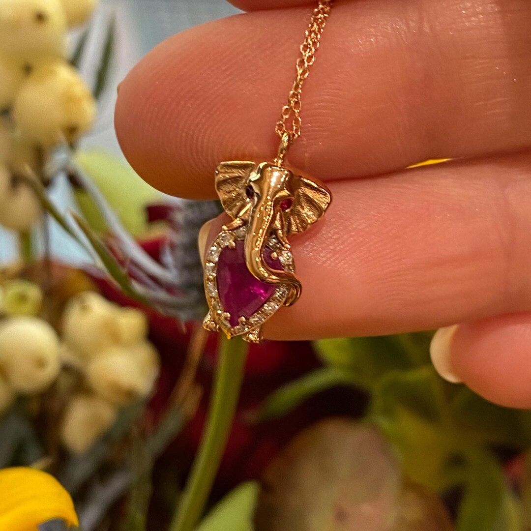 Ruby Red With Diamond 18k Rose Gold Elephant Chain Necklace. Joyful ...