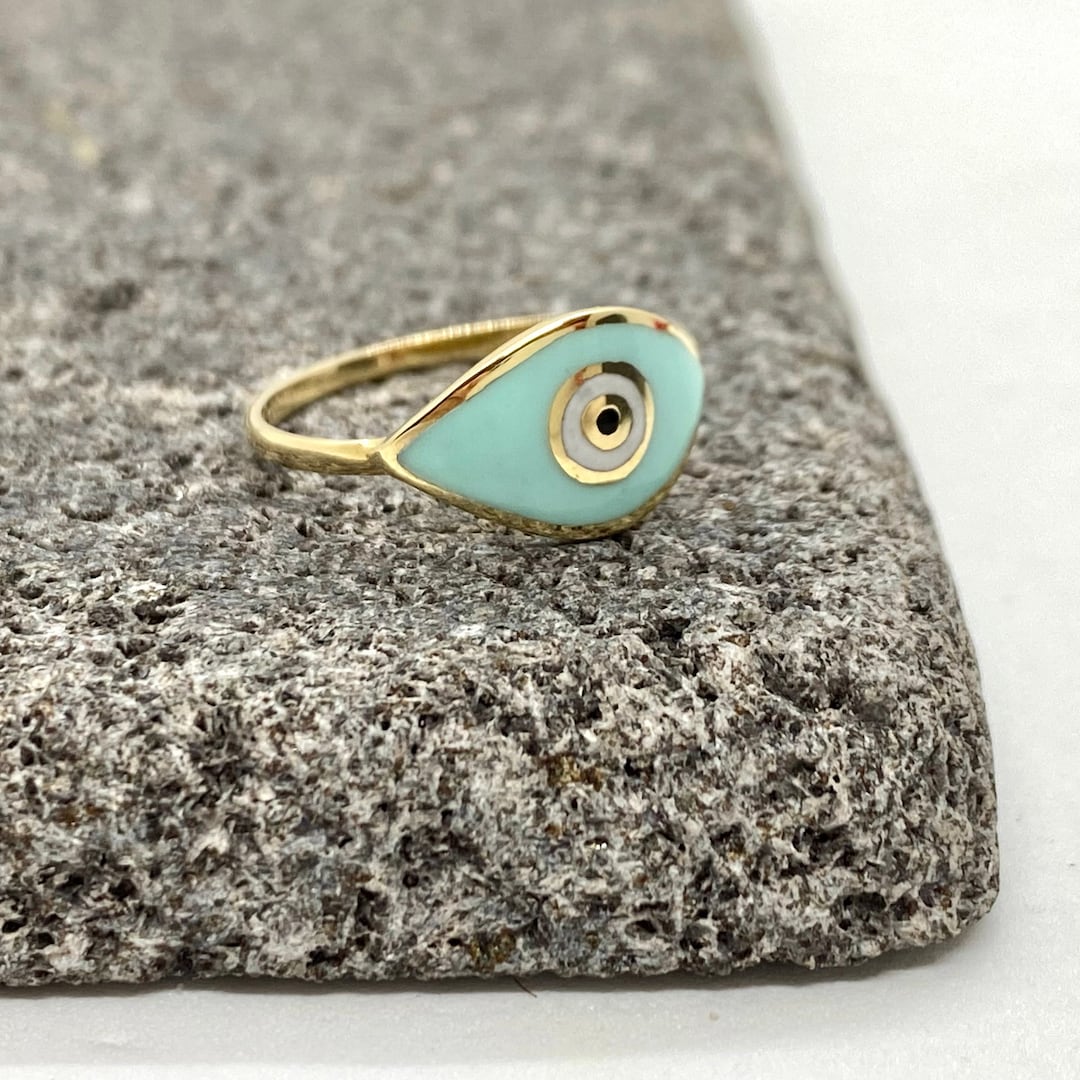 14k Yellow Gold Ring With Enamel Eye Design. Elegant Light Blue Smalti ...