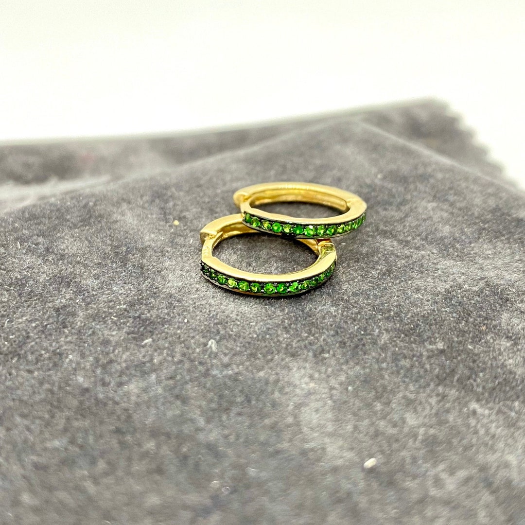 14k Solid Gold Vivid Green Tsavorites Small Hoops. Easy-to-wear Gold ...