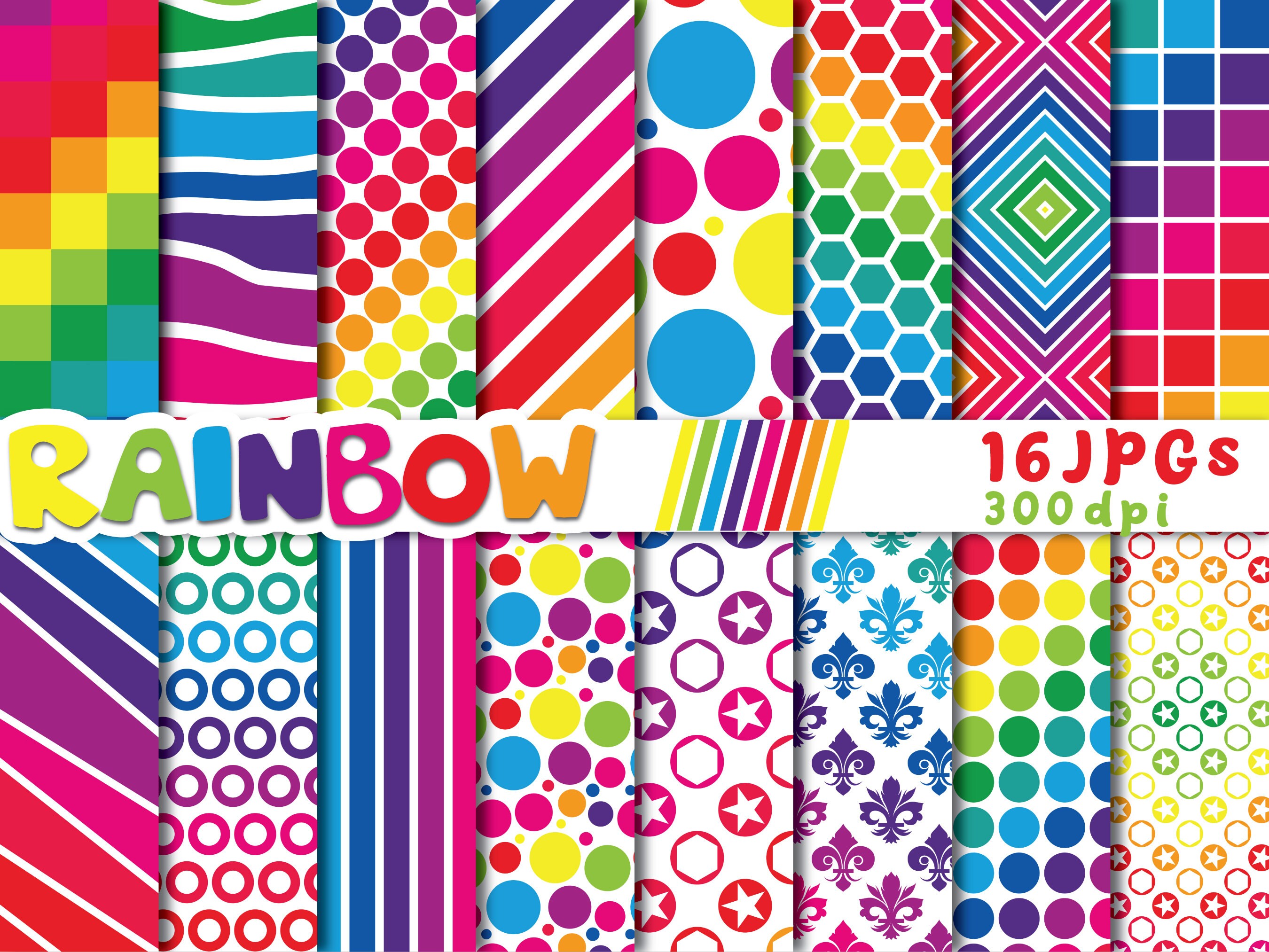 Rainbow Digital Paper Colorful Digital Papers Bright Color | Etsy