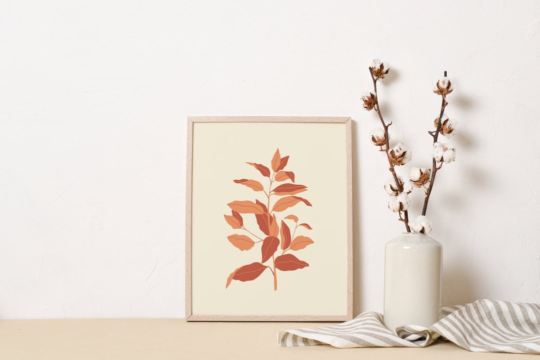 Terracotta Earthy Plant Art Print, Line Art Vine Leaf Wall Decor, Line ...