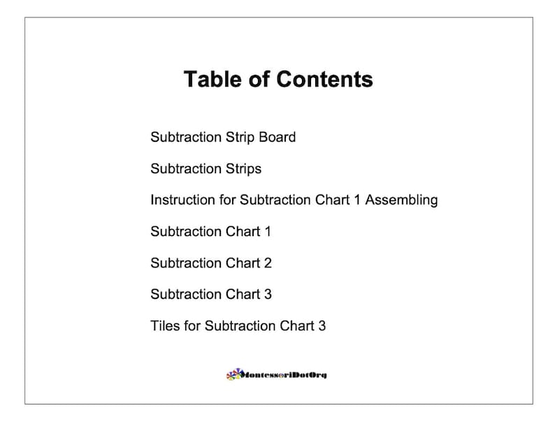 Montessori Math Printables - Subtraction (all the Subtraction Charts ...