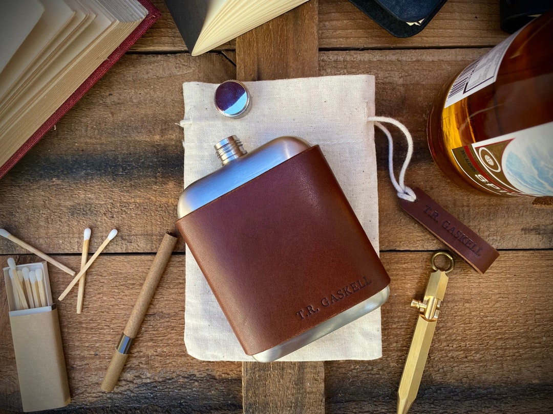 No.11 Personalised Leather Wrapped Hip Flask. - Etsy