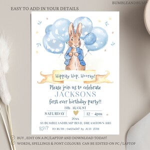 Peter Rabbit Printable Birthday Invitation With Balloons Hippity Hop ...