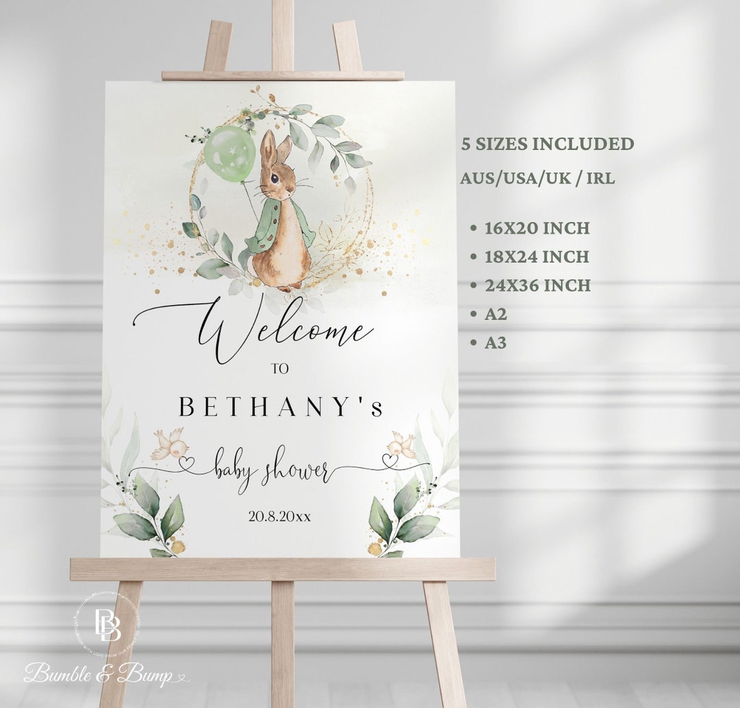 Peter Rabbit Baby Shower Welcome Sign Greenery Welcome Poster Editable ...