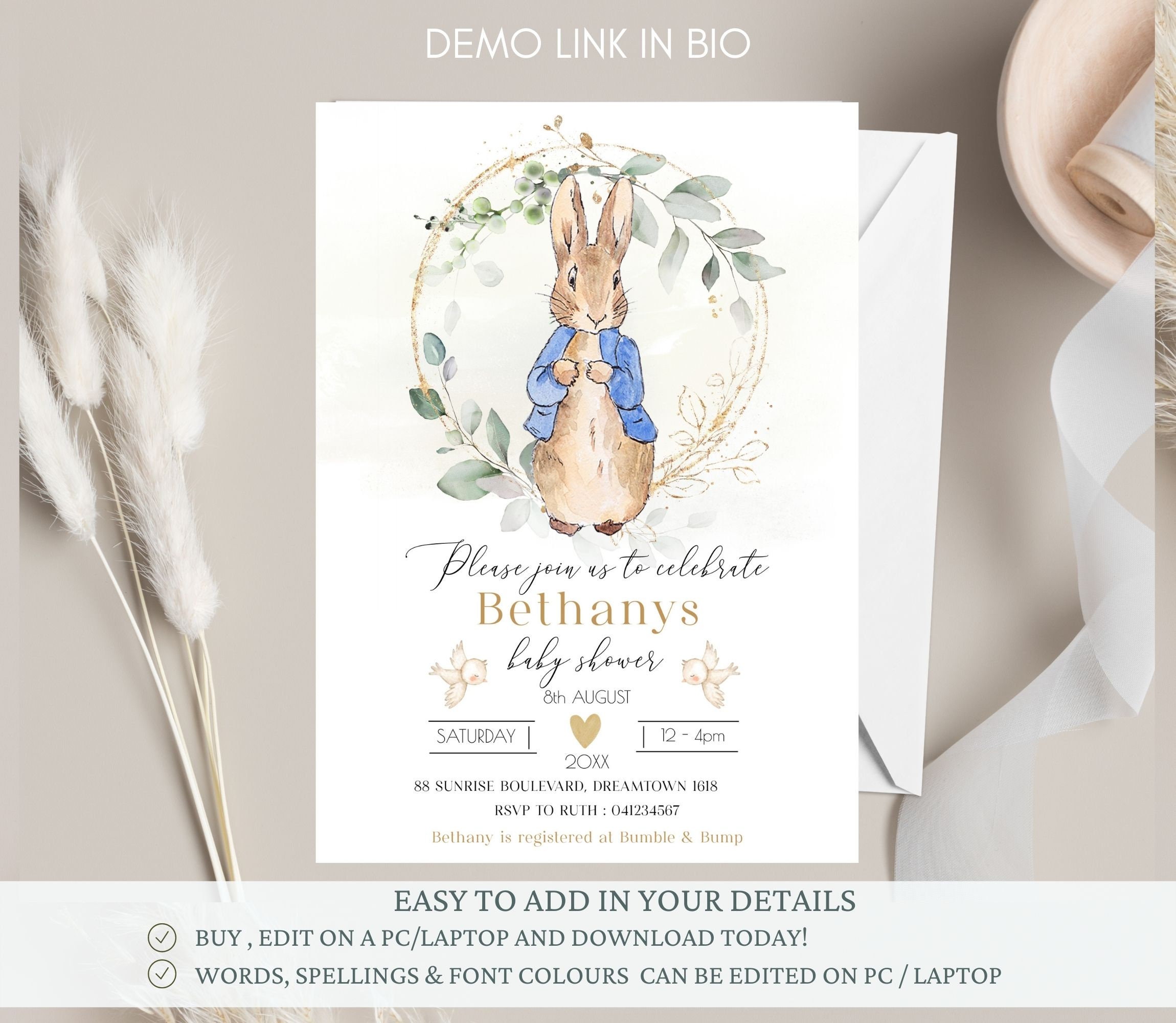 Peter Rabbit Baby Shower Invitation Green Blue Editable - Etsy