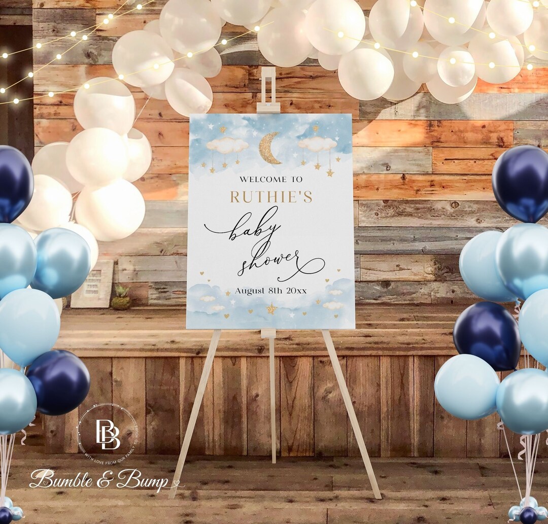 Over the Moon Dusty Blue & Gold Printable Baby Shower Welcome Sign With ...