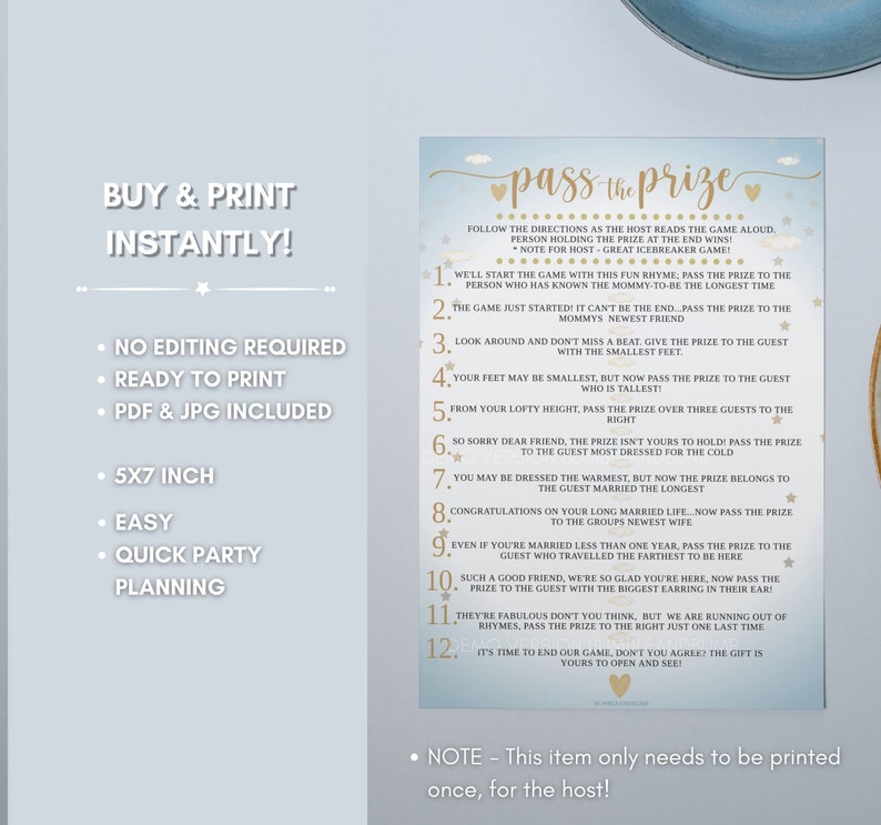 Pass the Prize Rhyme Game Printable Baby Shower Game Dusty - Etsy