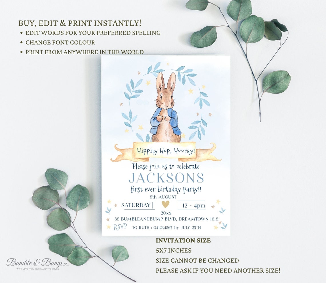Peter Rabbit Printable Birthday Invitation Hippity Hop | Etsy