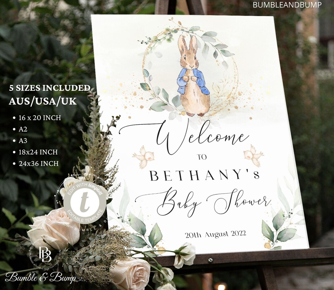 Peter Rabbit Baby Shower Welcome Sign Greenery Welcome Poster Editable ...