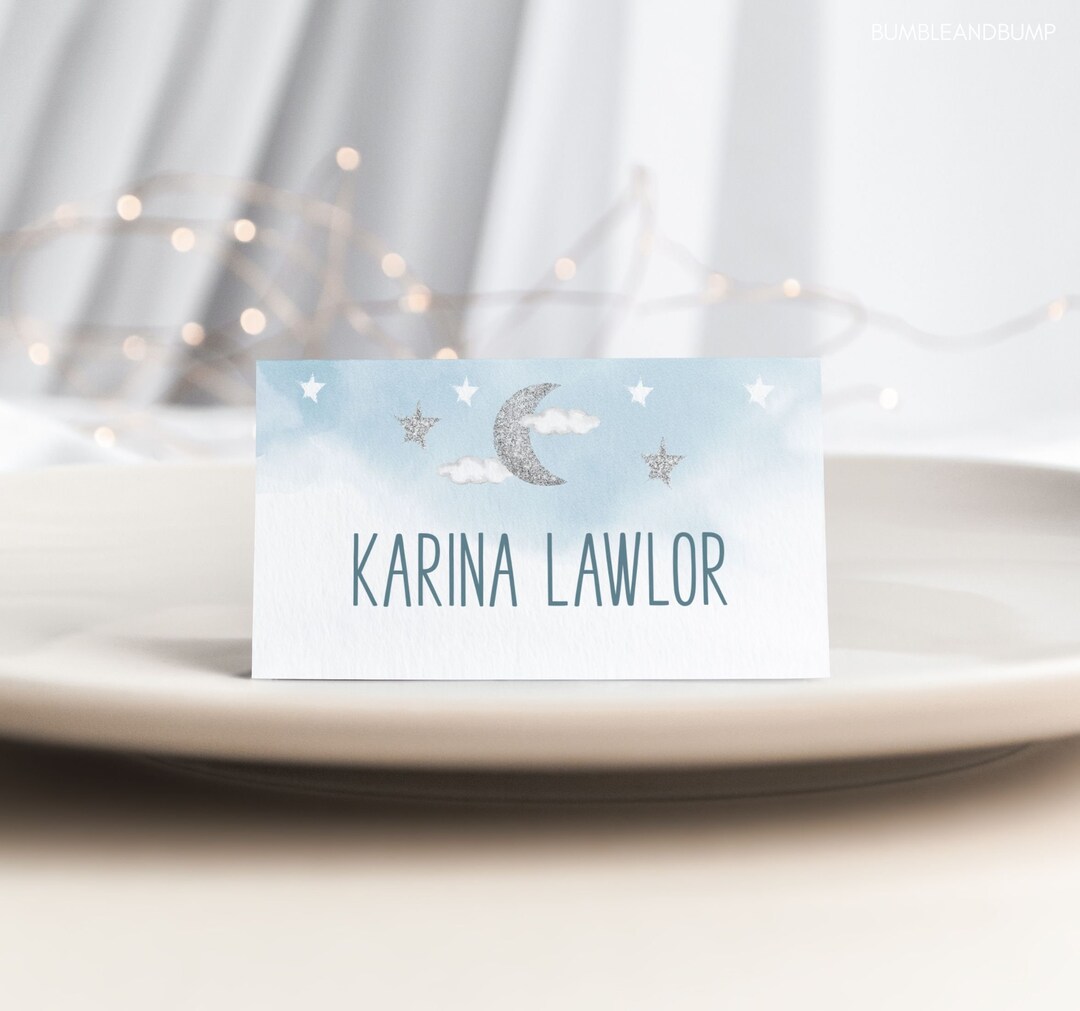 Twinkle Little Star Name Place Cards Blue Silver Printable Place Cards ...