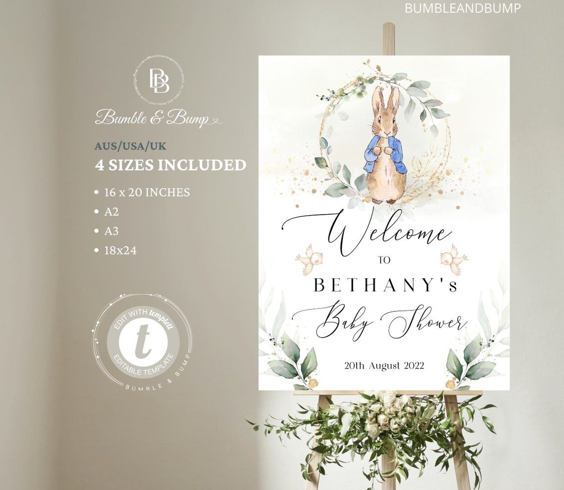 Peter Rabbit Baby Shower Welcome Sign Greenery Gender - Etsy