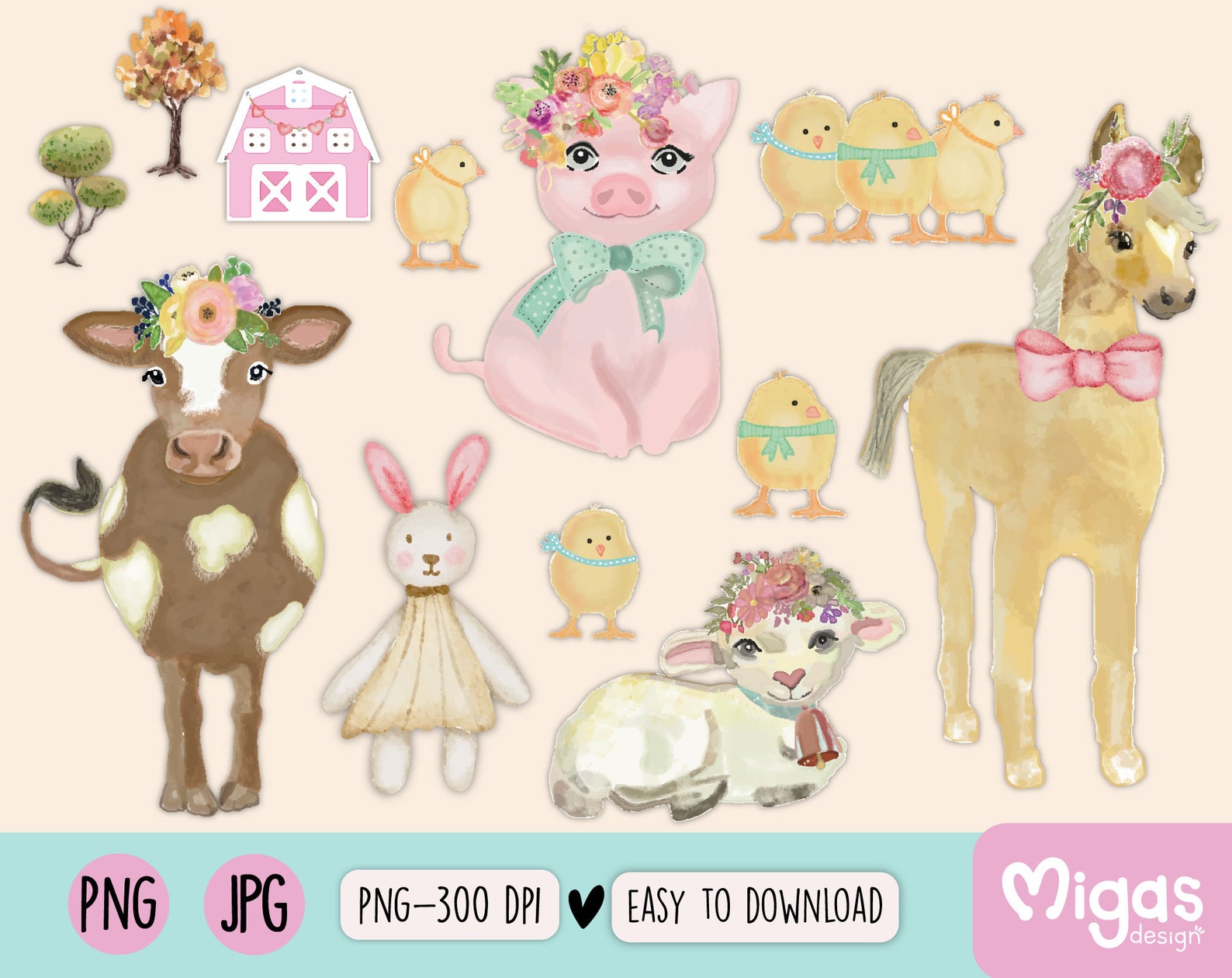 Cute Farm Animals Watercolor Clipart PNG Horse Cow Chicken - Etsy