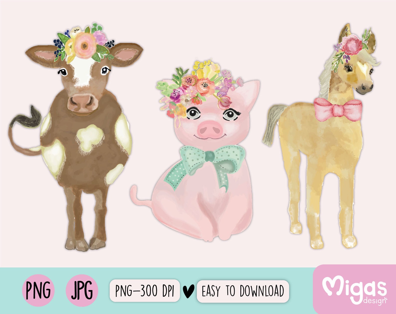 Cute Farm Animals Watercolor Clipart PNG Horse Cow Chicken - Etsy