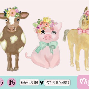 Cute Farm Animals Watercolor Clipart PNG Horse Cow Chicken - Etsy