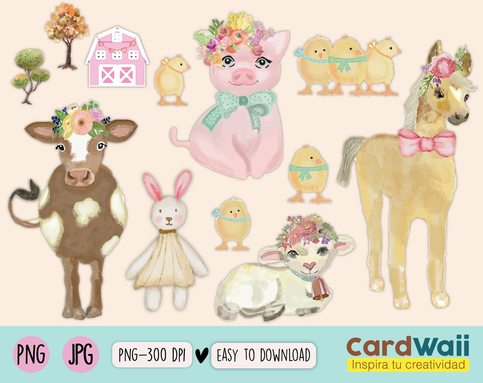 Cute Farm Animals Watercolor Clipart PNG Horse, Cow, Chicken, Sheep ...