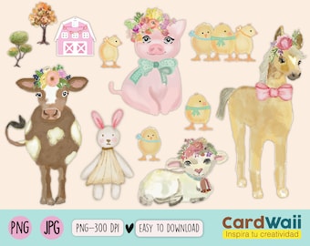 Watercolor Farm Animals Clipart, Cute Farm Png, Watercolor Digital ...