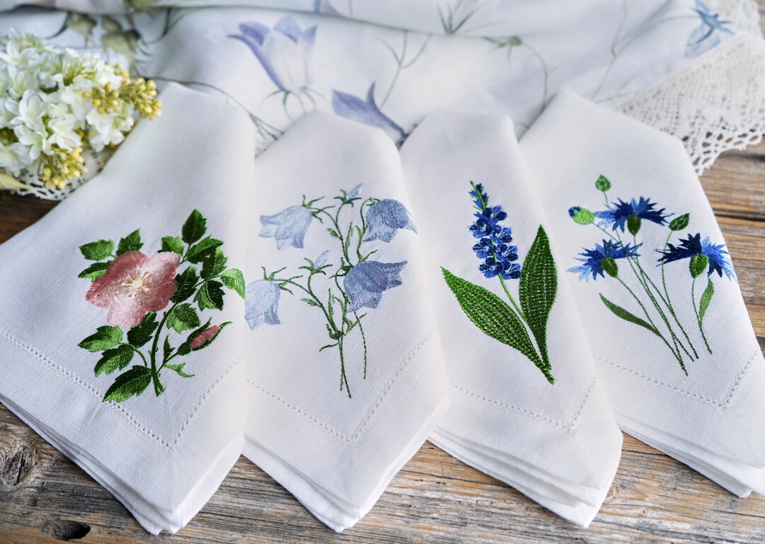 Meadow Flowers Napkin Embroidered Napkins White Napkins Linen Napkin ...