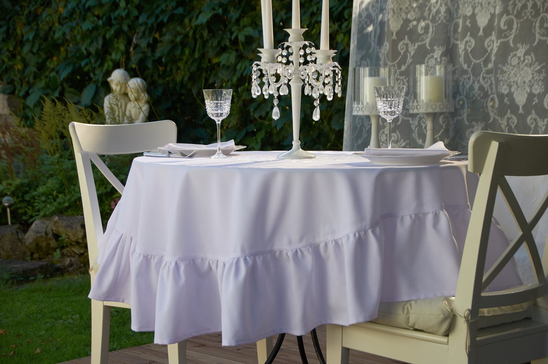 PURE WHITE Ruffled Tablecloth Round Tablecloth Rose Embroidery Linen ...