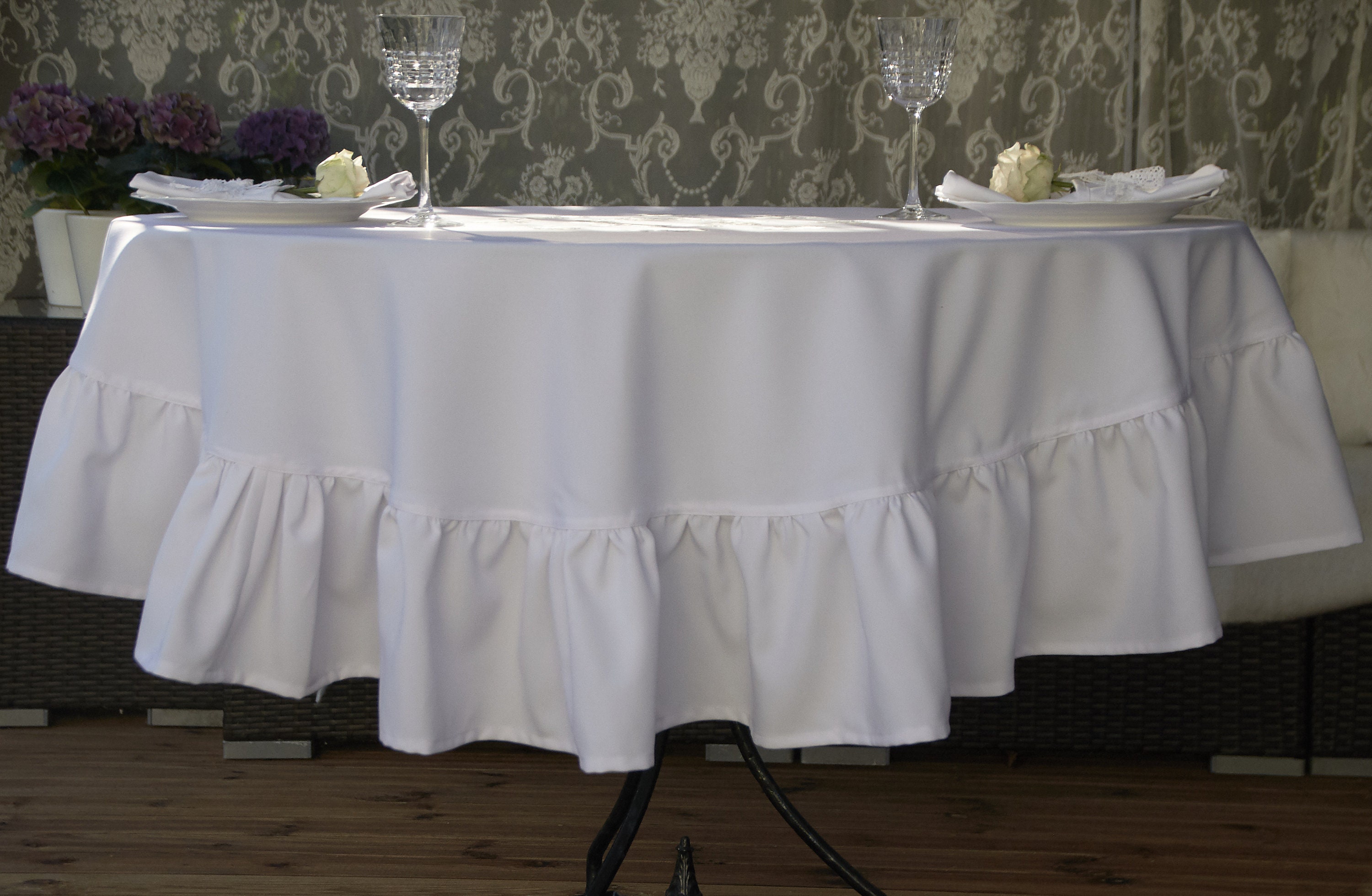 PURE WHITE Ruffled Tablecloth Round Tablecloth Rose Embroidery - Etsy