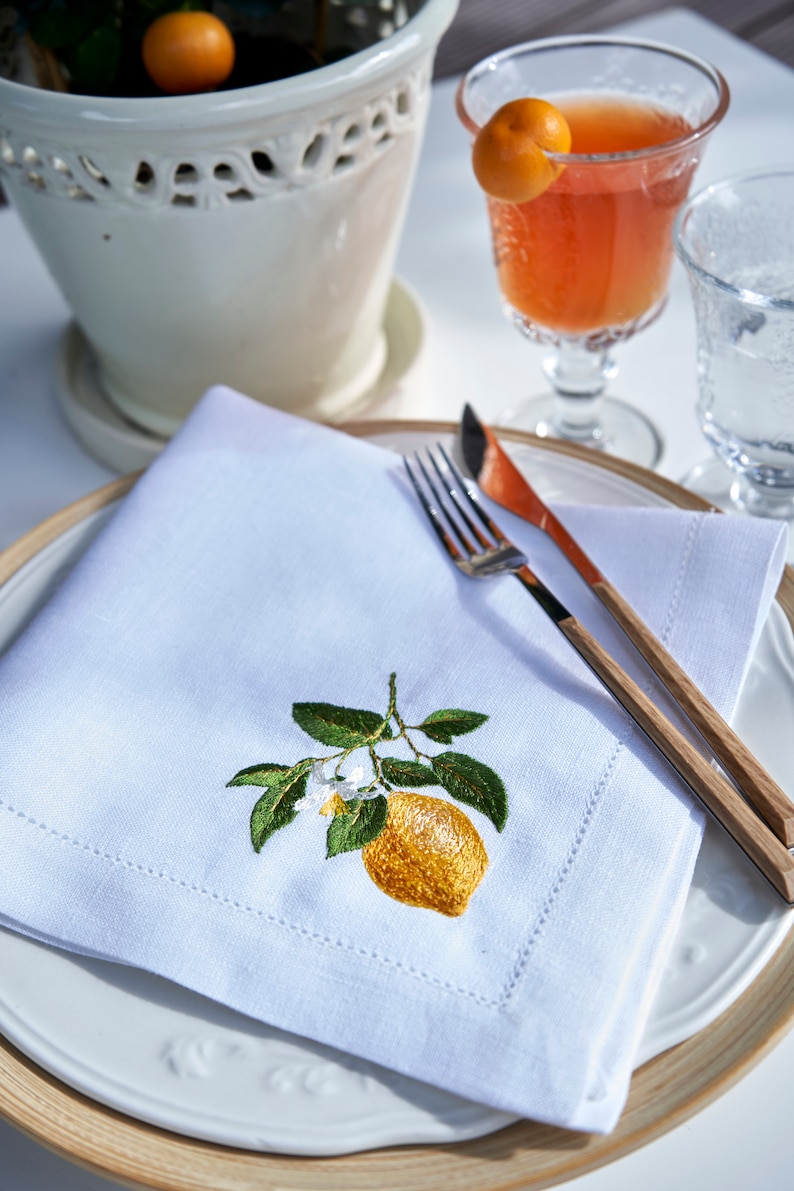 Embroidered Linen Napkin: Vintage Style Lemon Branch, Hemstitched - Etsy