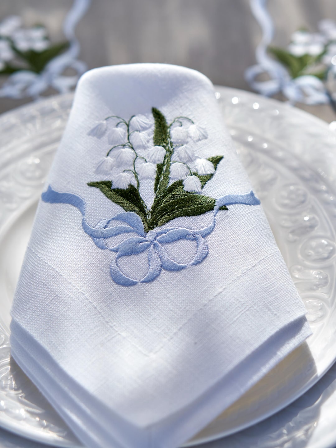 Embroidered Linen Napkin: Lily of the Valley, Hemstitched White Napkin ...