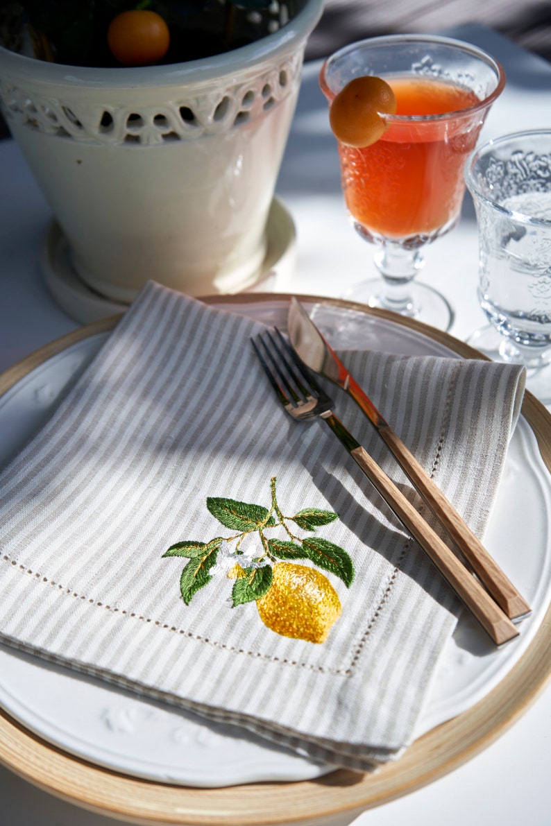 Embroidered Linen Napkin: Vintage Style Lemon Branch, Hemstitched - Etsy