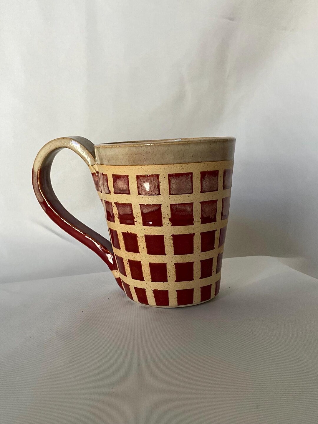 Handmade Ceramic Mug, Grid Mug, Tan and Red, Holds 13 Oz - Etsy