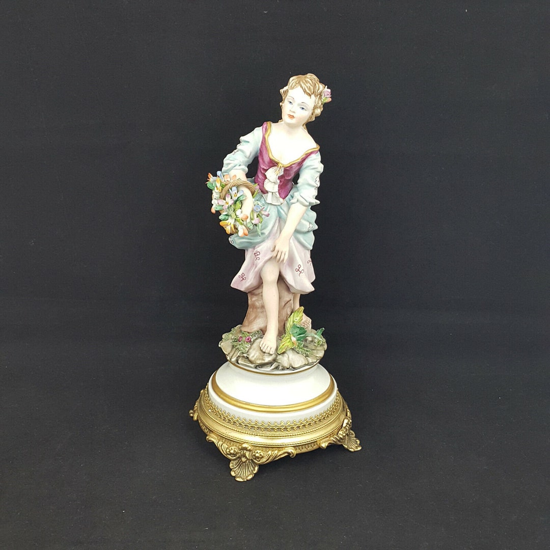 Capodimonte Figurine Lady With Flower Basket, Metal Base Damaged - Etsy